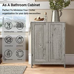 Iwell Storage Cabinet, Floor Storage Cabinet with 2 Adjustable Shelves & 2 Doors, Wooden Shoe Cabinet for Entryway, Office, Living Room, Gray