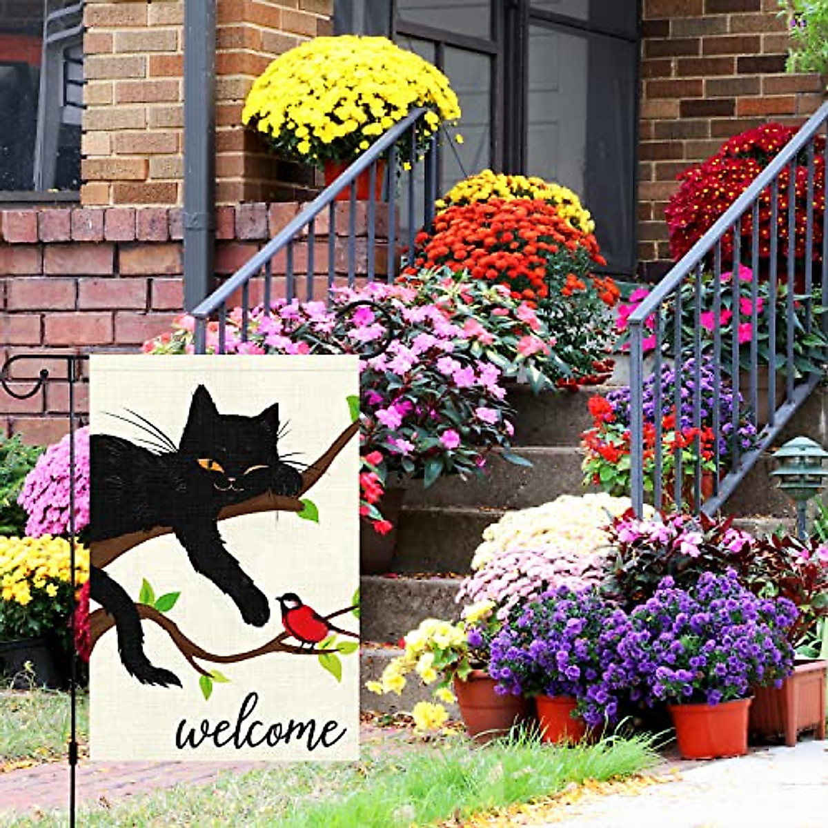 Welcome Spring Garden Flag 12x18 Double Sided, Burlap Small Black Cat Garden Yard Flags for Seasonal Outside Outdoor House Decoration (Only Flag)