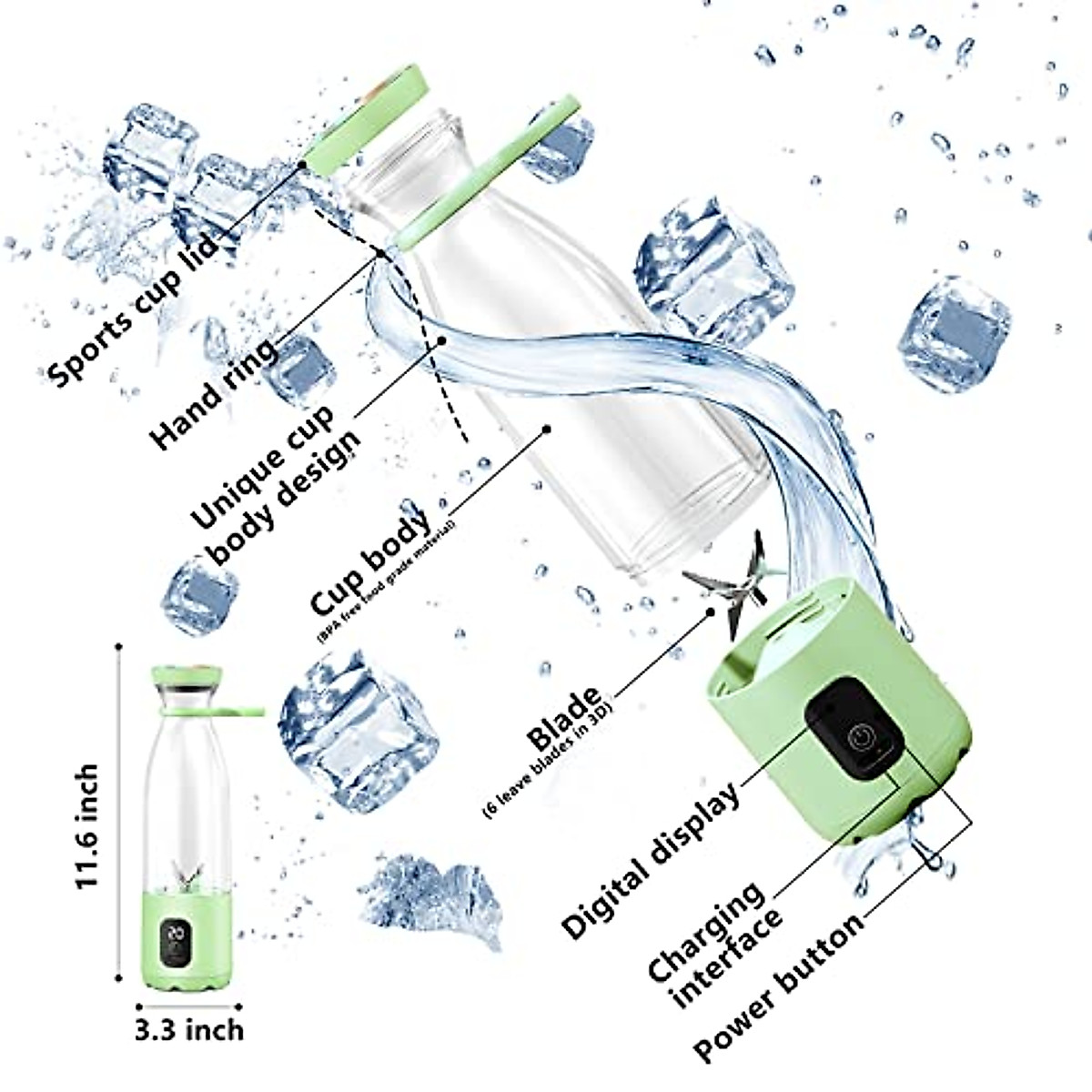 Portable Blender for Shakes and Smoothies, 300W Personal Size Blender for Crushes Ice Cubes, Frozen Fruit, Nuts. USB Mini Pulse Blender(6 Blades) with 20oz BPA Free Removable Sports Bottle for Home, Travel, Office, SIQDAK Blender Bravo Green