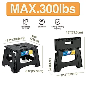 Korpai Upgrade 9" Folding Step Stool for Adults and Kids Holds Up to 300 lbs,Non-Slip Folding Stools with Portable Handle, Compact Plastic Foldable Step Stool for Bathroom, Kitchen,Black,1 PC