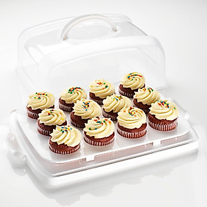 MosJos 2in1 Cupcake Carrier and Cake Keeper with Lid, Cupcake Box to Fit 12, Sturdy, BPA-Free Cupcake Holder with Two Secure Side Closures, Dishwasher Safe (White)