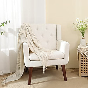 Accent Chair Button-Tufted Upholstered Living Room Chairs Comfy Reading Chair Mid Century Modern Chair with Linen Fabric Lounge Arm Chairs for Living Room Bedroom (Beige)