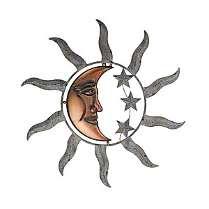 Zeckos Large Sun, Moon, and Stars Indoor/Outdoor Metal Wall Sculpture - 28 Inches in Diameter - Easy Installation - Tranquil Cosmic Art for Home and Garden Spaces