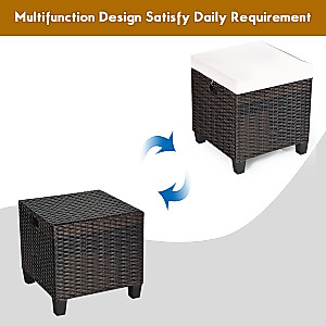 LDAILY Moccha 2 Pieces Patio Outdoor Ottoman, All Weather Rattan Patio Ottoman Set w/Removable Cushions, Footrest Seat Outdoor Footstool (Cream)