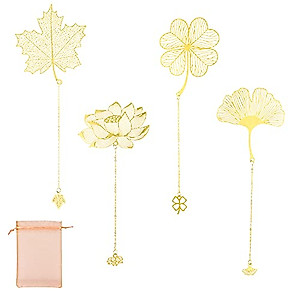 Metal Bookmarks with Chain, BENBO 4Pcs Golden Hollow Bookmark with 1Pc Mesh Gift Bag Brass Personalized Page Markers Gold Maple Leaf Lotus Flower Bookmarks for Book Lovers