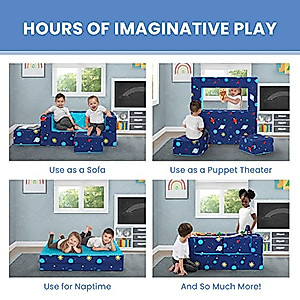 Delta Children Convertible Sofa & Play Set for Kids and Toddlers – Modular Foam Couch and Flip Out Lounger with 2 Ottomans, Space