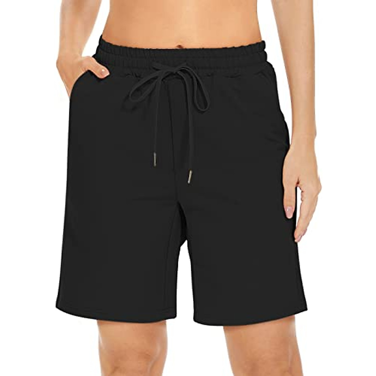 TARSE Women's Bermuda Shorts Plus Size Long Cotton Drawstring Loose with Pockets Knee Length Shorts Yoga Casual Walking Exercise Shorts(Black,XXL)