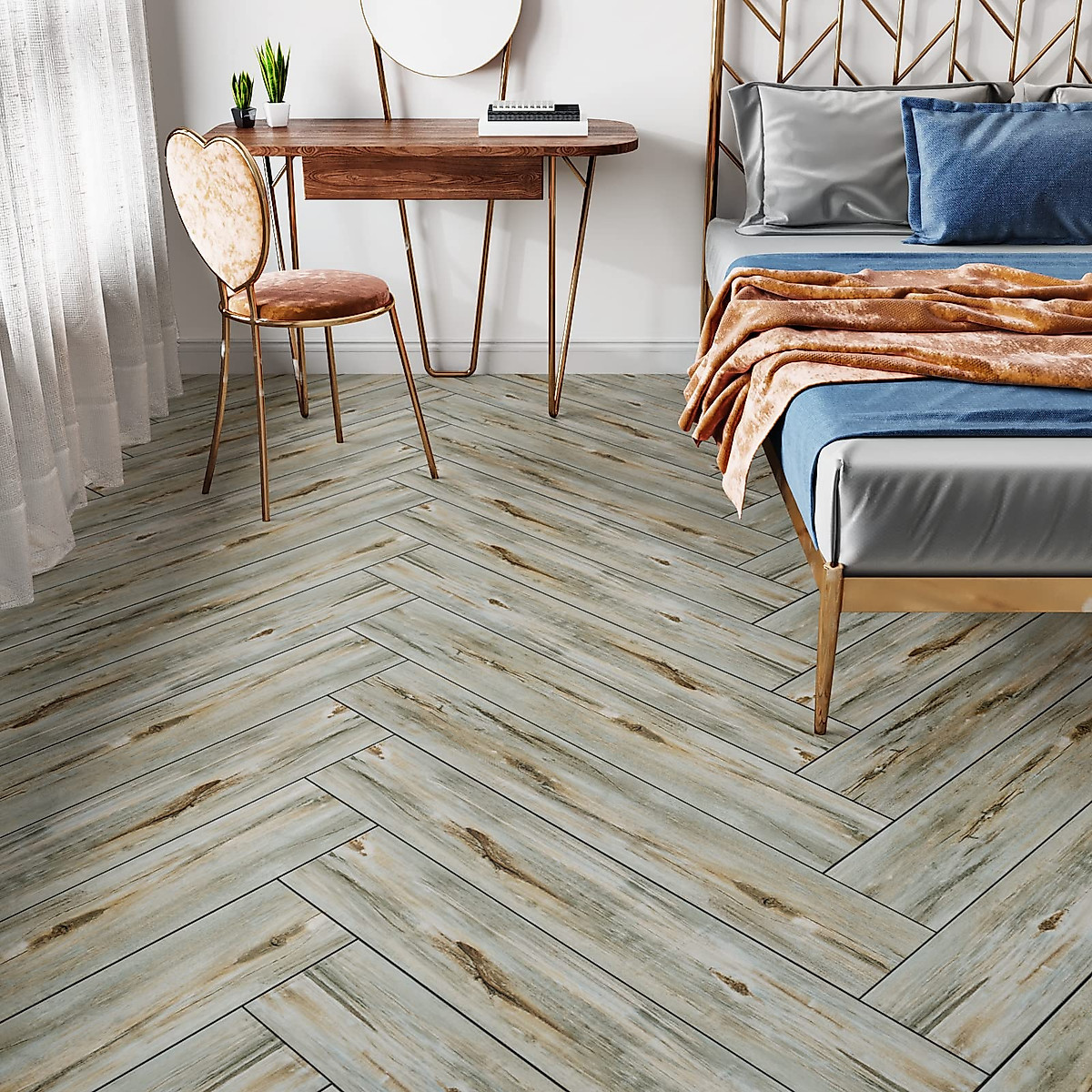 Wallercity 4-Tiles Waterproof Light Brown Vinyl Flooring Peel and Stick Flooring for Bathroom Kitchen Laminate Flooring Stick on Floor Tiles Removable Sticky Tiles Peel and Stick Floor Tile 36" x 6"