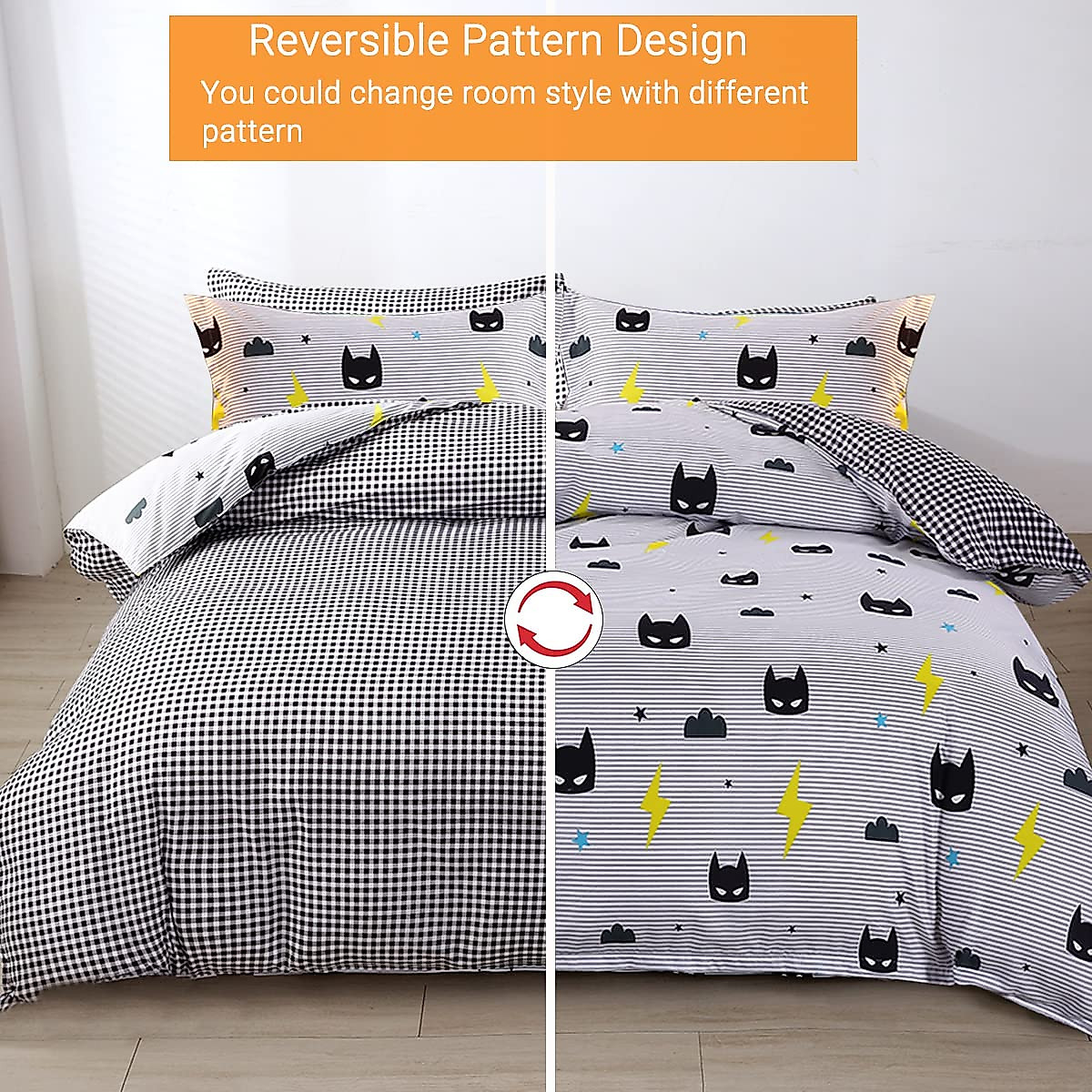 Akiky Plaid Duvet Cover Set Full Comforter Cover Set Cartoon and Buffalo Check Gingham Geometric Checker Pattern Printed in White and Black Reversible Bedding Set with Zipper Closure