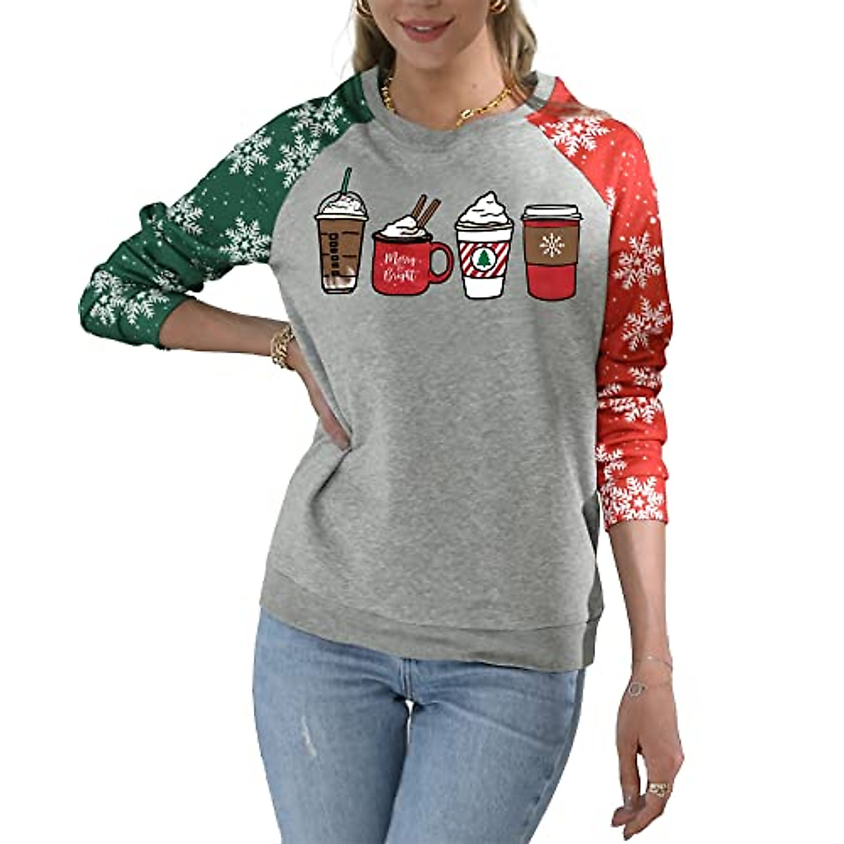 Christmas Sweatshirt Women Merry and Bright Christmas Shirt Funny Cute Ice Cream Graphic Tee Xmas Holiday Shirts