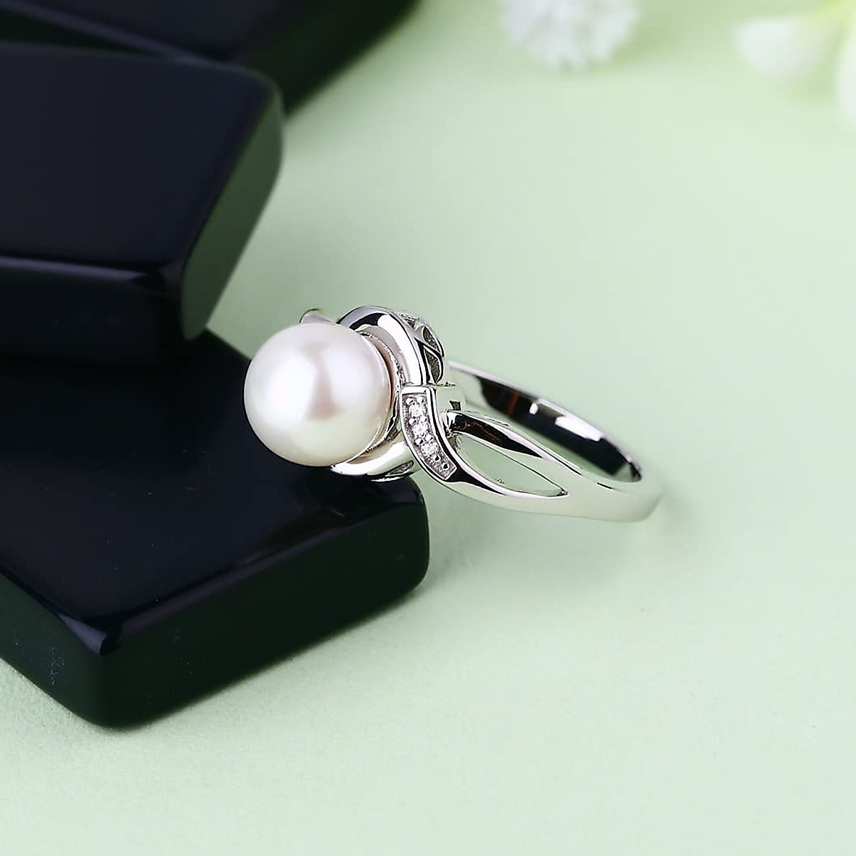 JO WISDOM Pearl Ring,925 Sterling Silver Infinity Cubic Zirconia Women's Rings with 9mm White Freshwater Cultured Pearl Ring size 5