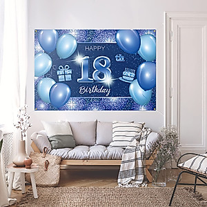 Happy 17th Birthday Backdrop Banner Decor Blue – Dot Glitter Sparkle 17 Years Old Birthday party Theme Decorations for Boys Girls Supplies