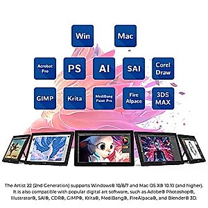 Drawing Tablet with Screen XPPen Artist 22 2nd Computer Graphics Tablet 122% sRGB with 8192 Levels Tilt Function Battery-Free Stylus, 21.5inch Pen Display Compatible with Windows, Mac, Linux