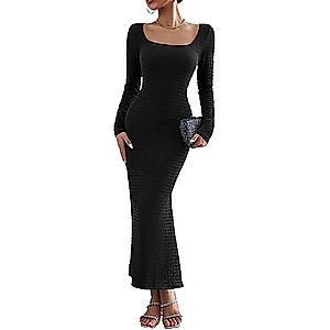 PRETTYGARDEN Women's 2024 Fall Maxi Bodycon Dress Long Sleeve Square Neck Long Fitted Mermaid Dresses (Black,X-Large)