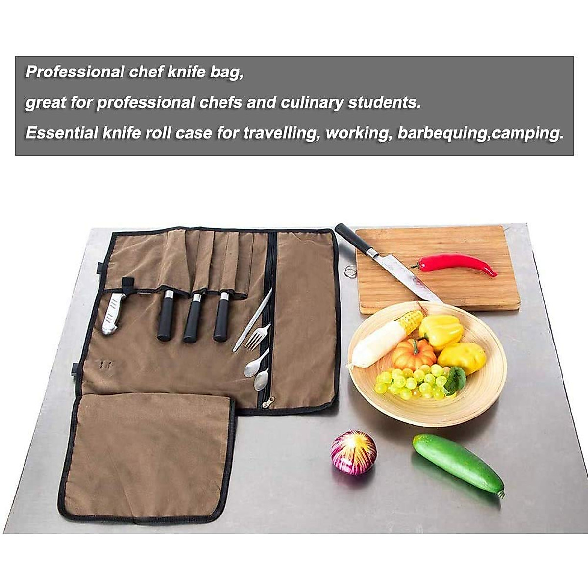 Chef’s Knife Roll, 5 Pockets Knife Bag,Waxed Canvas Roll Up Culinary Bag,Professional Cutlery Storage Case, Portable Knife Tool Roll Bag, Multi-Purpose Knife Cover For Cooking, Camping (Coffee)