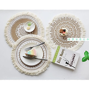 GorinsKani 2 Pieces of Cotton Thread Embroidery Table mat Jute Table mat Decoration mat Round Tassel Side Table mat Heat Insulation mat Anti-Slip Kitchen mat Home Decoration (Tassel Style E)