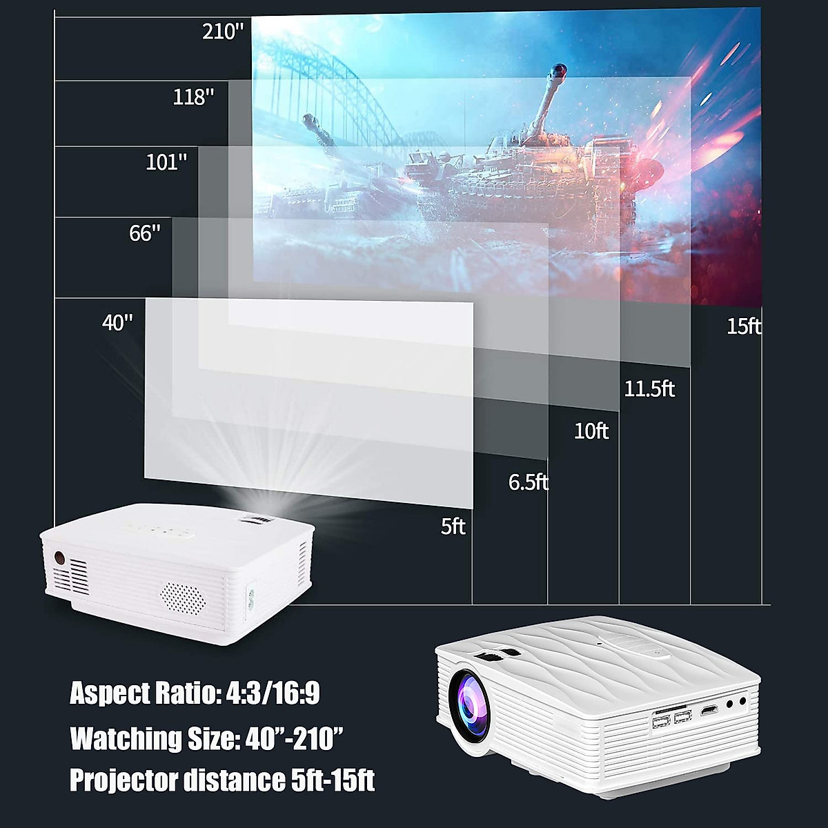 WiFi Laptop Projector Computer Projector 2022 Upgrade 5500L 210" Projector for Outdoor Movies, Supports 1080P Synchronize Smartphone Screen by WiFi/USB Cable for Home Entertainment iOS/Android