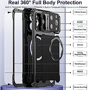 for iPhone 14 Pro Case Metal,with MagSafe [10FT Military-Grade Protection][Built-in Camera Ring Stand] [Built-in 9H Glass Camera Lens & Screen Protection] Protective Rugged Heavy Duty Case (Black)