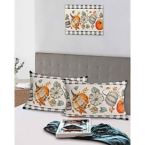 Thanksgiving Pillow Covers Standard Size Set of 2 Bed Pillow, Black White Plaid Pumpkin Fallen Leaves Farmhouse Plush Soft Comfort for Hair/ Skin Cooling Pillowcases with Envelop Closure 20''x26''