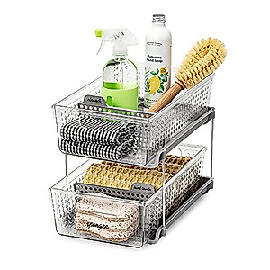madesmart 2-Tier Plastic Multipurpose Organizer with Divided Slide-Out Storage Bins, Under Sink and Cabinet Organizer Rack, Clear