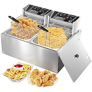 Rengue Commercial Deep Fryer 10.57QT x 2 Large Electric Deep Fryer with 2 Baskets and 2 Lids Countertop Fryer with Constant Temperature Control System for Restaurant and Home Use 3400W