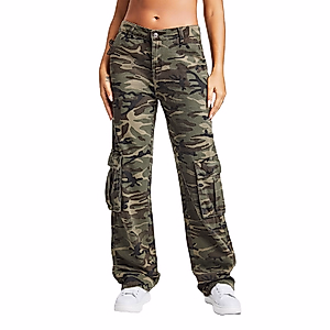 WDIRARA Women's Camo Print Cargo Baggy Jeans High Waist Wide Leg Denim Army Pants Army Green Camouflage L