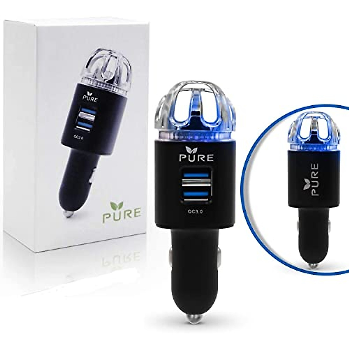 Car Air Purifier Premium Air Ionizer & Car Charger Accessory w/ Dual USB Ports - Quick Charge 3.0 - Eliminate Allergens Bad Odor Pet Smell Smoke Pollen Mold Bacteria Viruses PM2.5 & VOCs Deodorizer (Black)
