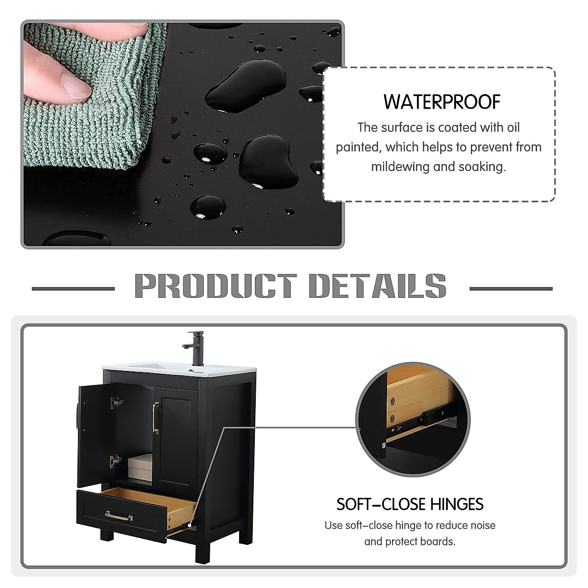 LUCKWIND 24” Bathroom Vanity with Sink, Modern Painted Bathroom Storage Cabinet with Ceramic Basin Sink Top, Faucet and Drawers Without Mirror, Black