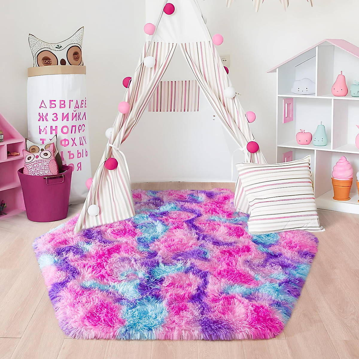 junovo Ultra Soft Hexagon Rug Fluffy Rainbow Nursery Rug for Princess Tent Kids Play Castle, Furry Hexagonal Carpet for Kids Girls Room Playhouse Classroom Dorm Home Decor, 4.6ft Tie-Dye Hot-Pink