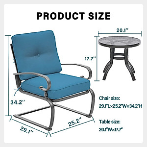 SUNCROWN 3-Piece Outdoor Patio Bistro Set Spring Motion Chairs and Round Cafe Table, Steel Frame Conversation Furniture Set with Cushions - Peacock Blue