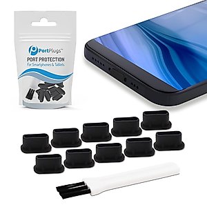 PortPlugs USB C Dust Plugs for iPhone 16, 15 (Plus, Pro Max), Galaxy S24-S8, Pixel, Steam Deck, iPad & Type-C Devices - USB Port Protectors with Cleaning Brush | Black (10-Pack)
