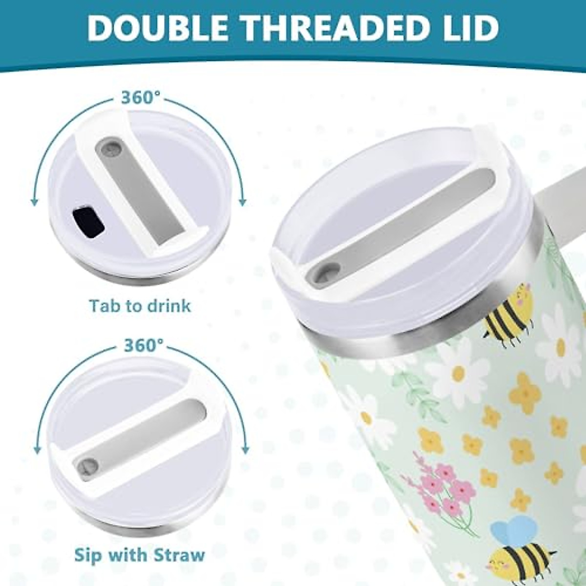 CIJEMAPW Cute Bees Among Flowers Insulated Tumblers Cartoon 30 oz Water Bottles Travel Mug with Handle and Straw Lid Leakproof School Work Outdoor for Women & Men