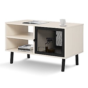 LTMEUTY Coffee Table for Living Room, Mid-Century Modern Coffee Table with Double Mesh Doors & Open Storage Shelves, Wood and Metal Cocktail Table, Accent Furniture, White Wood Grain