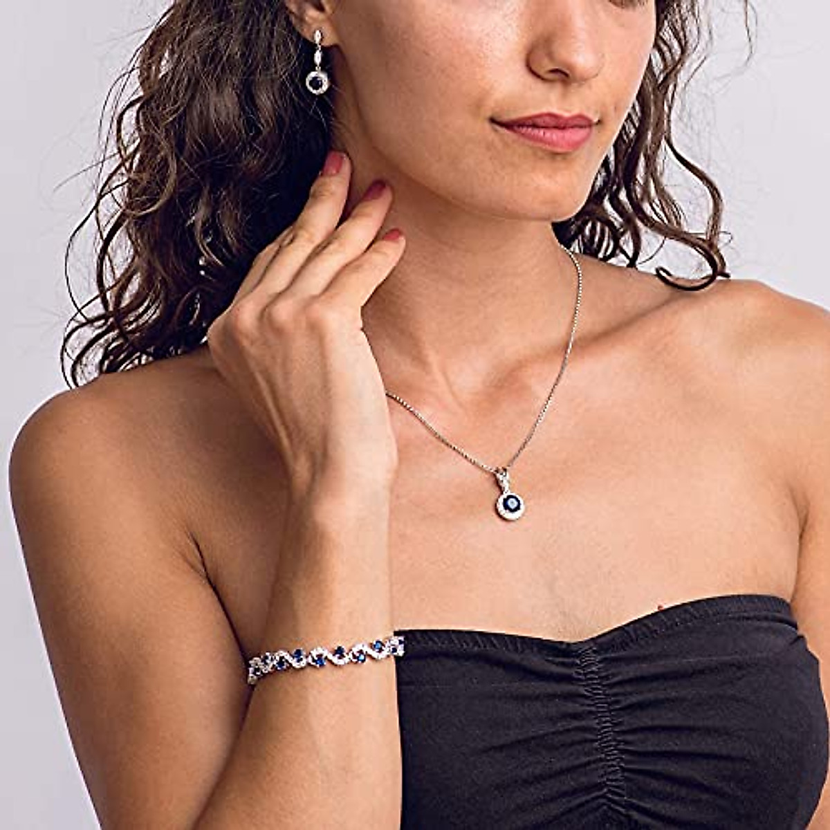 Crystalline Azuria Round Blue Simulated Sapphire Zirconia Crystals Set Pendant Necklace 18 inches Earrings Bracelet 18K White Gold Plated for Women