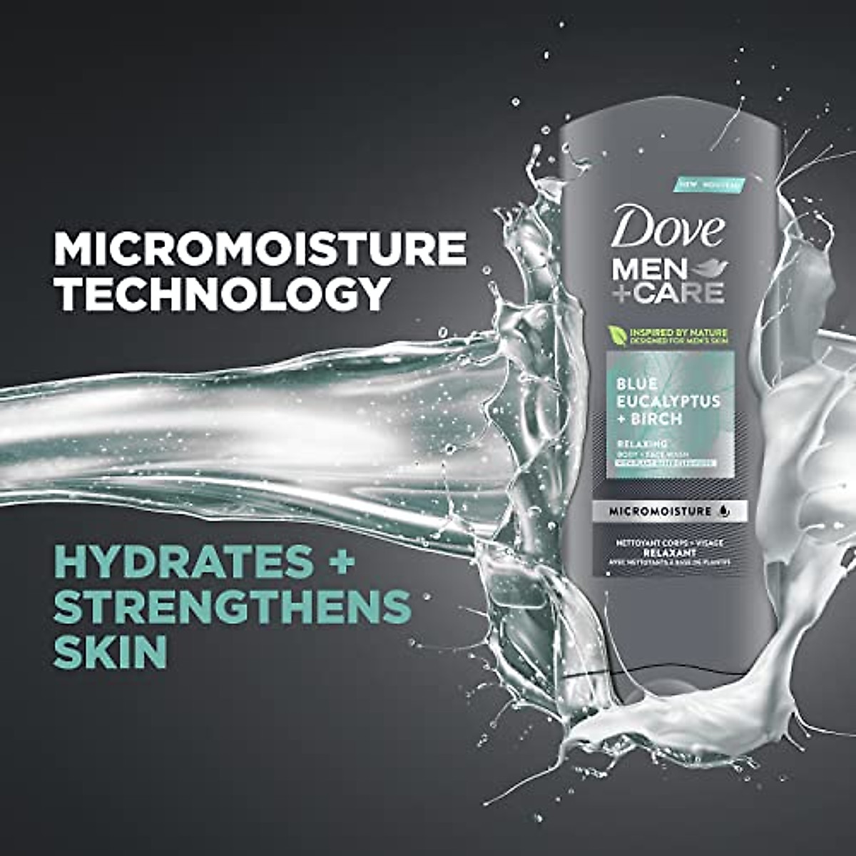 Dove Men+Care Mens Body Wash Dry Skin Body Wash with Micromoisture, Blue Eucalyptus and Birch Effectively Washes Away Bacteria While Nourishing Your Skin, 18 Fl Oz (Pack of 4)