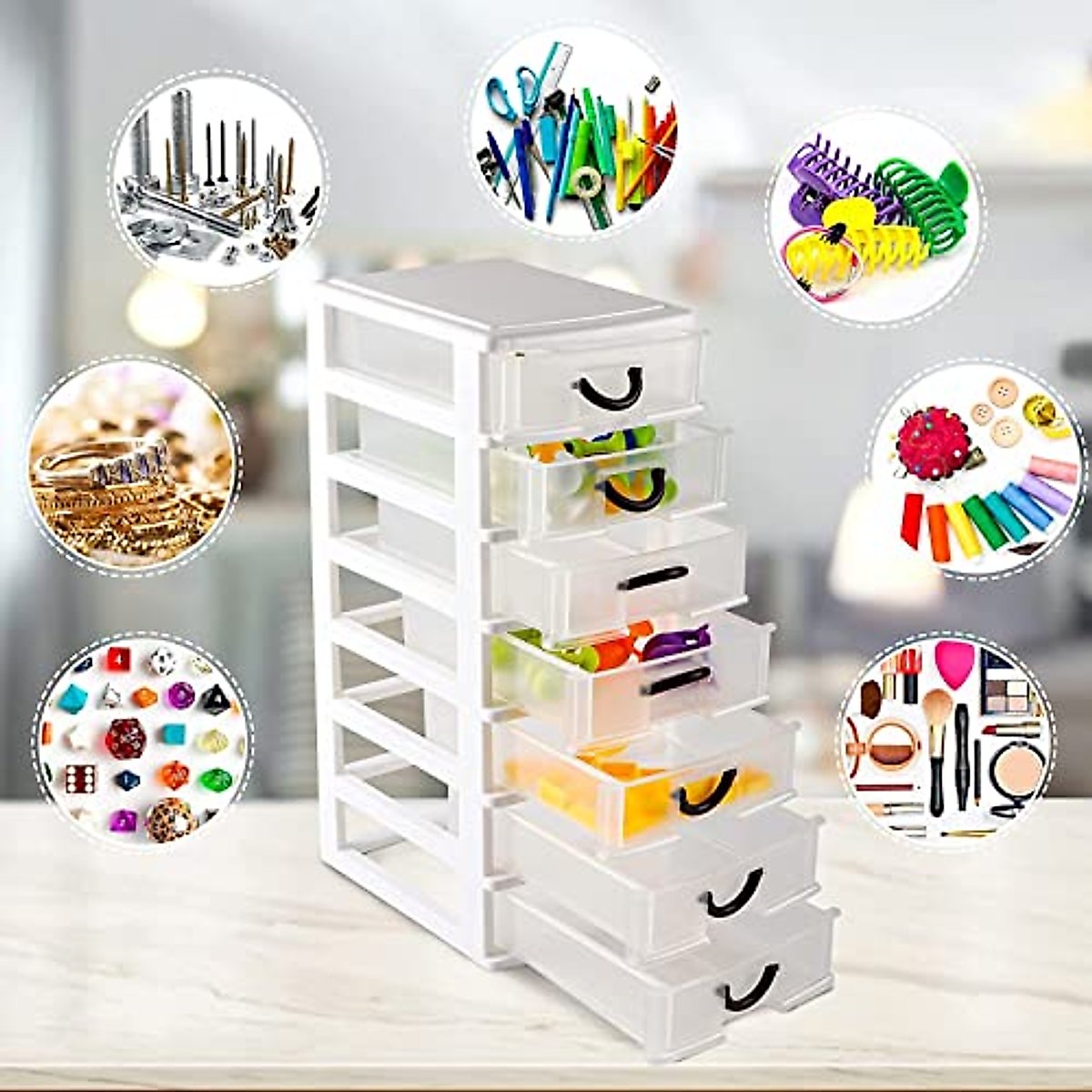 Rempry 7.1"x5.1"x13.2" Mini Organizer Box Storage Container Case with 7 Clear Desktop Drawer Units,White