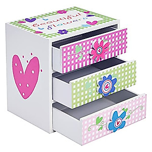 Small Floral Little Girls Jewelry Box with 3 Drawers and Flower Knobs, Square Wooden Organizer for Necklaces, Earrings, Rings, Kids Ages 4-13 Hair Accessory Storage (6 x 4.5 In)