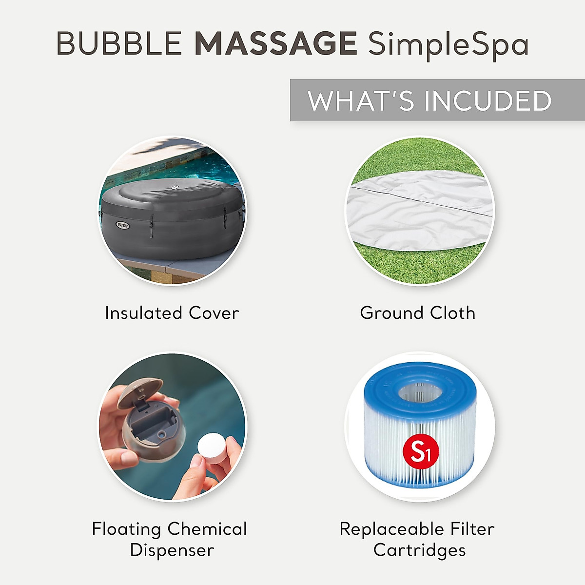 INTEX 28483E SimpleSpa Bubble Massage Spa: includes Insulated Cover – Built-in QuickFill Inflation – Soothing Jets – 4 Person Capacity – 77" x 26"