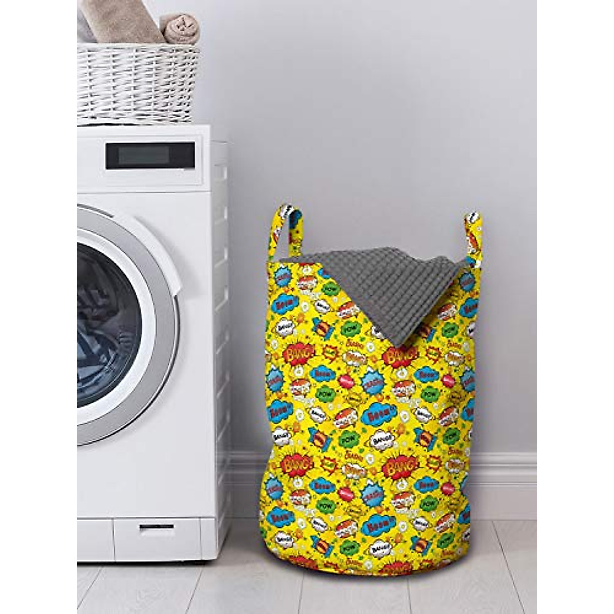 Lunarable Superhero Laundry Bag, Humor Speech Bubbles Funky Vivid Bang Boom Bam Pow Fiction Design, Hamper Basket with Handles Drawstring Closure for Laundromats, 13" x 19", Yellow Red