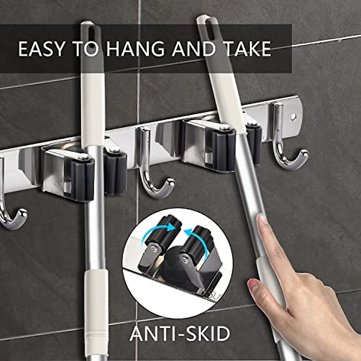 Kozci 2 Pack Mop and Broom Holder Wall Mount, Anti-Slip Broom Organizer Wall Mount Self Adhesive Broom Hanger, Stainless Steel Tools Rack Mop Storage Organizer for Kitchen Garden Garage(3 Racks 4Hook)