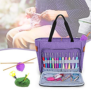 CURMIO Knitting Tote Bag, Yarn Storage Bag with Pockets for Crochet Hooks, Knitting Needles, Knitting Project and Accessories, Purple (Bag Only, Patented Design)