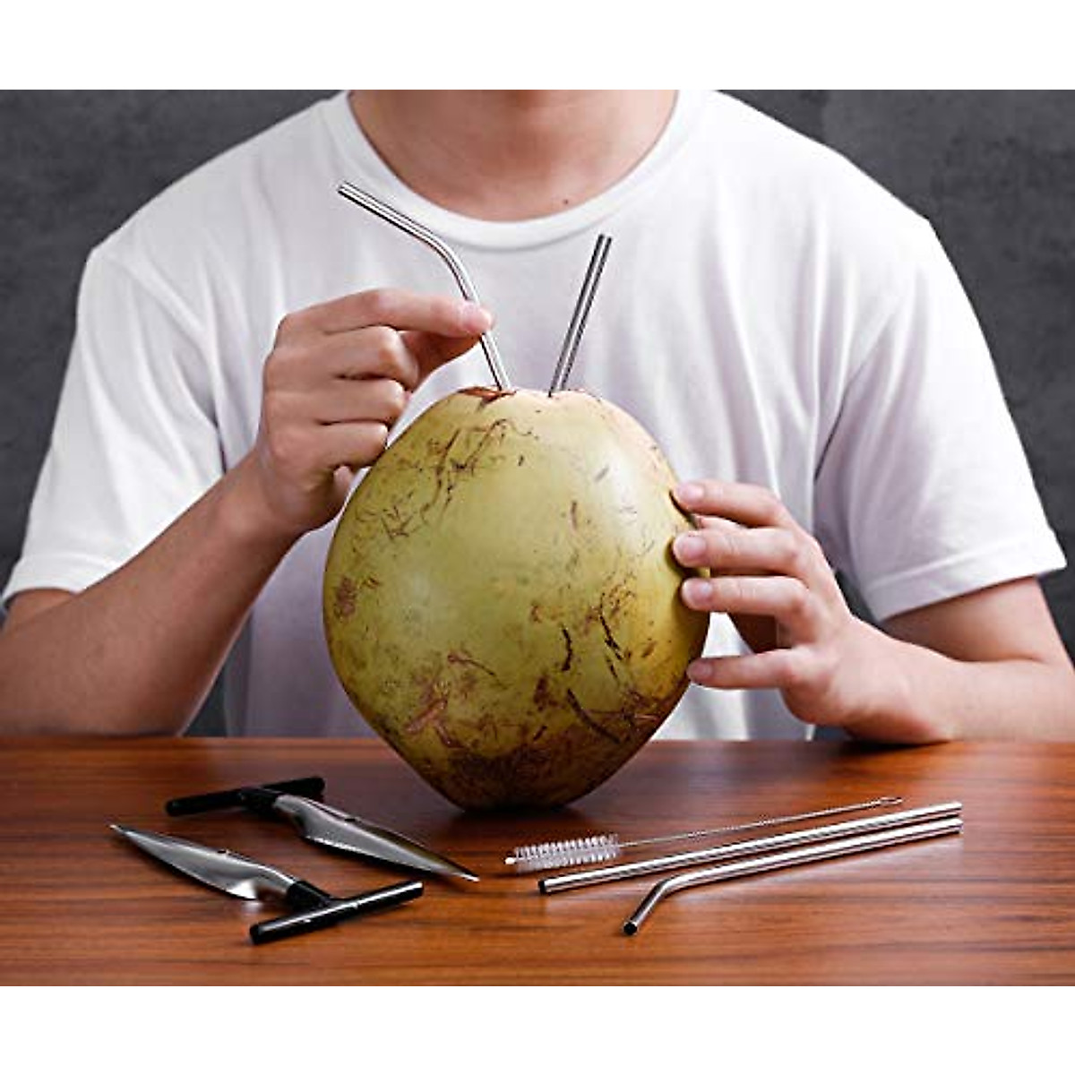 2 Pack Coconut Opener Tool Set with 4 Reusable Straws & Brush, Food Grade Stainless Steel Coco Nut Bottle Opener for Young Thai Green Fresh Coconut Water, Safe and Convenient Coco Drill Punch Tool