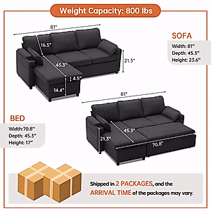 DURASPACE Sofa Bed, Sleeper Sofa Couch with Pullout Bed for Living Room, L Shaped Couch with Storage Chaise, USB, Cup Holder (Dark Gray)
