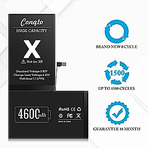 [4600mAh] Battery for iPhone X, (2023 New Version)Conqto New Upgrade 0 Cycle Ultra High Capacity Battery Replacement for iPhone X Model A1865, A1901, A1902 with Full Set Professional Repair Tool Kits