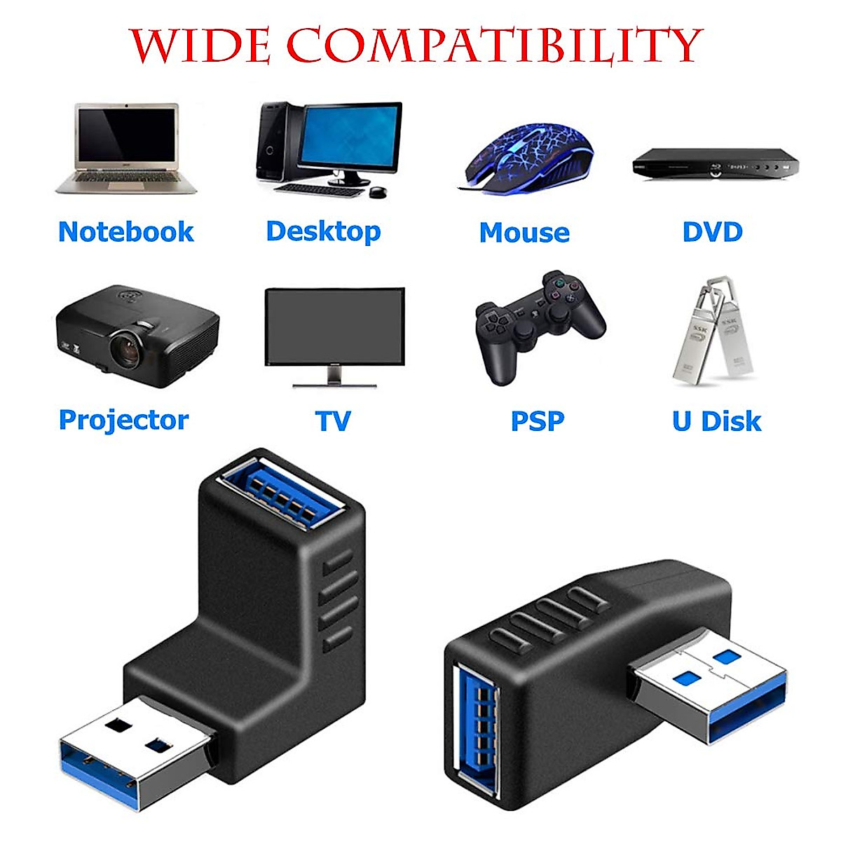 Urtop 4 Pack USB 3.0 Male to Female Angle Adapter, Left Right Up and Down Angle 90 Degree 270 Degree USB Cable Extender Connector Support Data Sync & Max 2A Charging