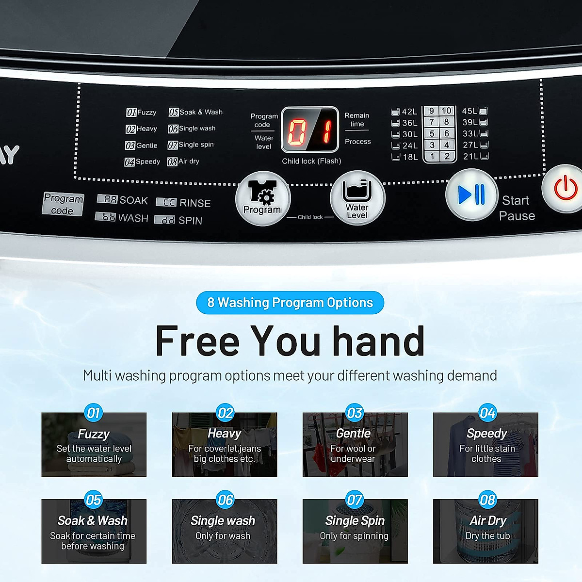 COSTWAY Portable Washing Machine, 11Lbs Capacity Full-automatic Washer with 8 Wash Programs, LED Display, 10 Water Levels, Compact Laundry Washer and Spinner Combo for Apartment Dorm, White