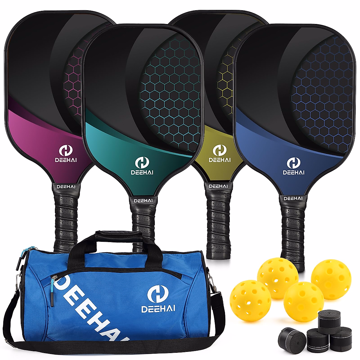 DeeHai Pickleball Paddles 4 Pack- Premium Rackets Fiber Face & Polymer Honeycomb Core Pickleball Set Includes Pickleball Paddles + Pickleball Balls + 1 Bag