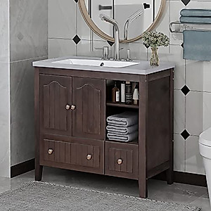 Lifeand, Integrated Combo with White Built-in Ceramic Top & Modern Base Cabinet 36" Bathroom Vanity with Sink, 36'', Brown