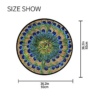 Ollabaky Classical Peacock Feathers Area Rug Floor Mats Absorbent Non-Slip Soft Round Carpet for Living Dining Room Rug Bedroom Sofa Home Decor, 3 Feet Diameter