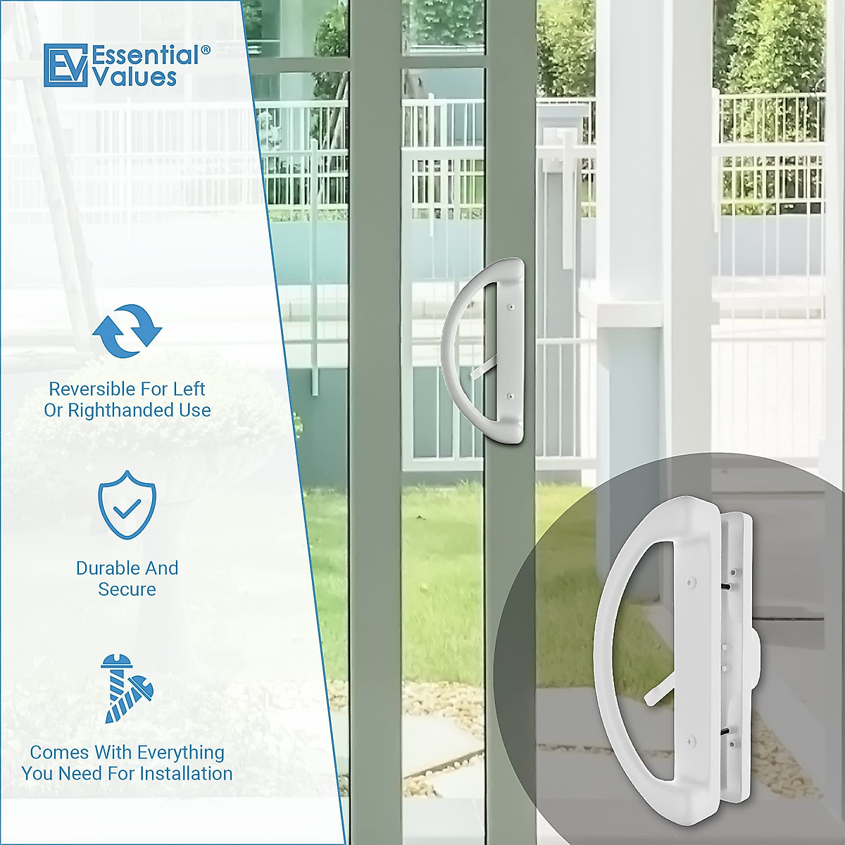 Essential Values Patio Door Handle Set, Replacement Sliding Door Handle Set (No Lock, Non-Keyed) | 2-Handle White Diecast Handles for Sliding Doors | 3-15/16” Hole Spacing for Mortise Style Locks